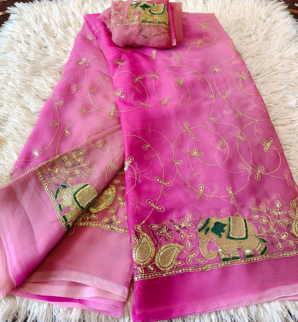 Pink Elephant Jaal Work Saree – charuscloset