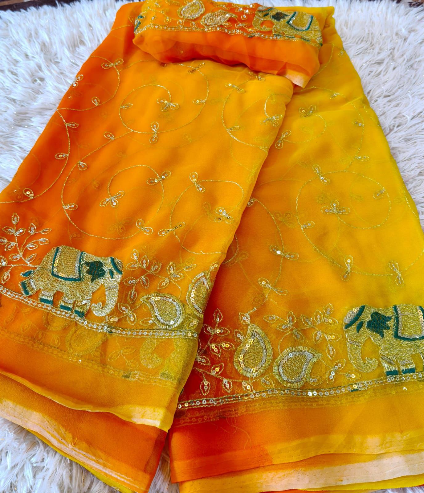 Yellow Elephant Jaal Work Saree – charuscloset