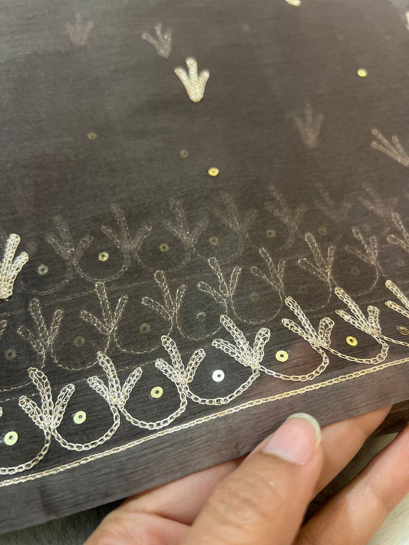 Pure Chiffon Peta Work Dark Browqn Rajwari Saree – charuscloset