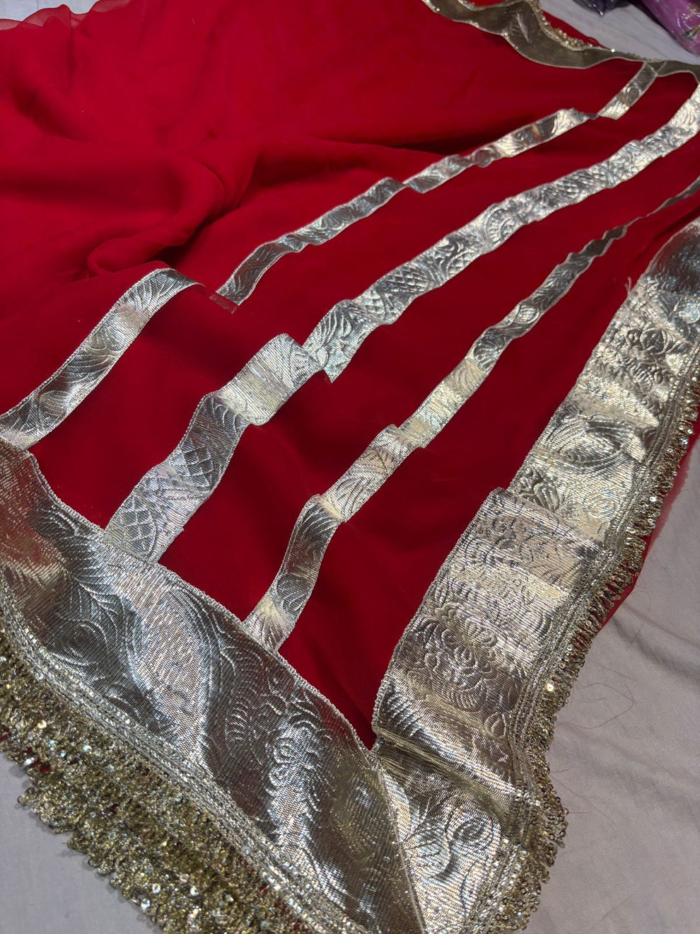 Red Colour Celebrity Inspired Gota Chiffon Sasree with Same Fabric Blo ...
