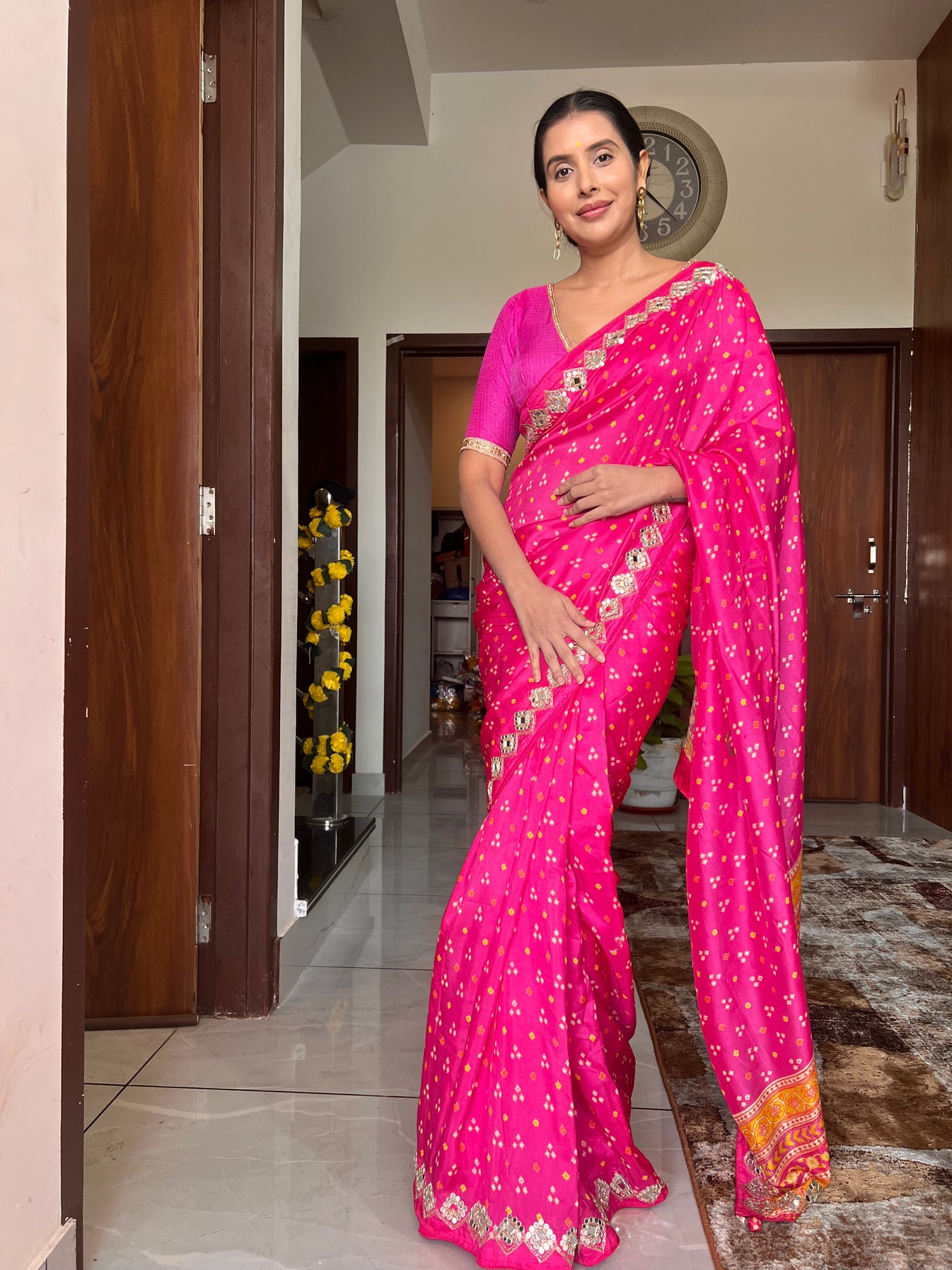 👑Pink Pure Crêpe Designer Mirror Work Border Sari With The Mirror Work ...