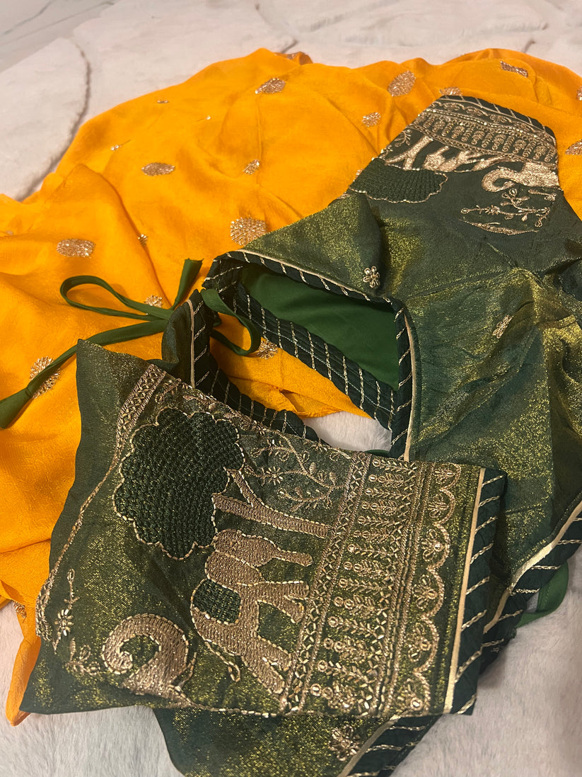 Designer Crepe Yellow Saree with Fendy Tissue Elephant Design Kanchli ...